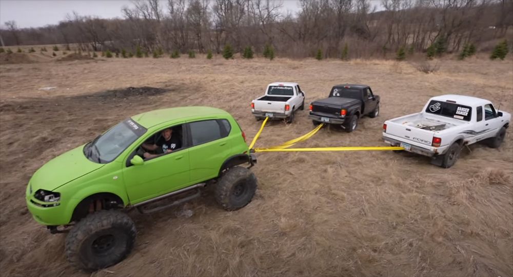 V8 Chevrolet Aveo Monster Car Takes On Three Ford Rangers In A Gonzo ...