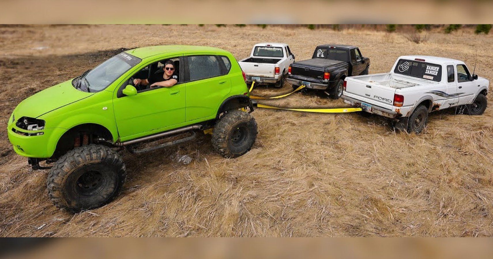 V8 Chevrolet Aveo Monster Car Takes On Three Ford Rangers In A Gonzo ...