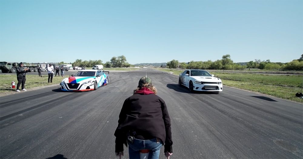 1,000-HP Charger Hellcat Takes On 1,300-HP Altima In Hoonigan Drag Race