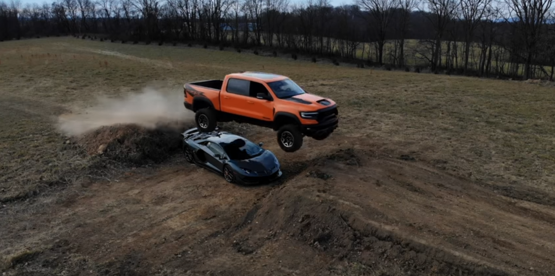 Watch A Ram TRX Jump Over An $800,000 Lamborghini Aventador SVJ