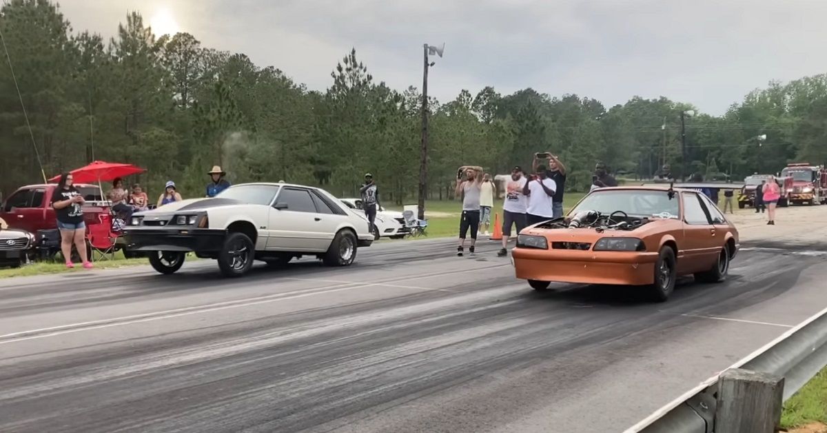 Watch This Fox Body Ford Mustang Avoid A Deadly Collision On The Drag Strip